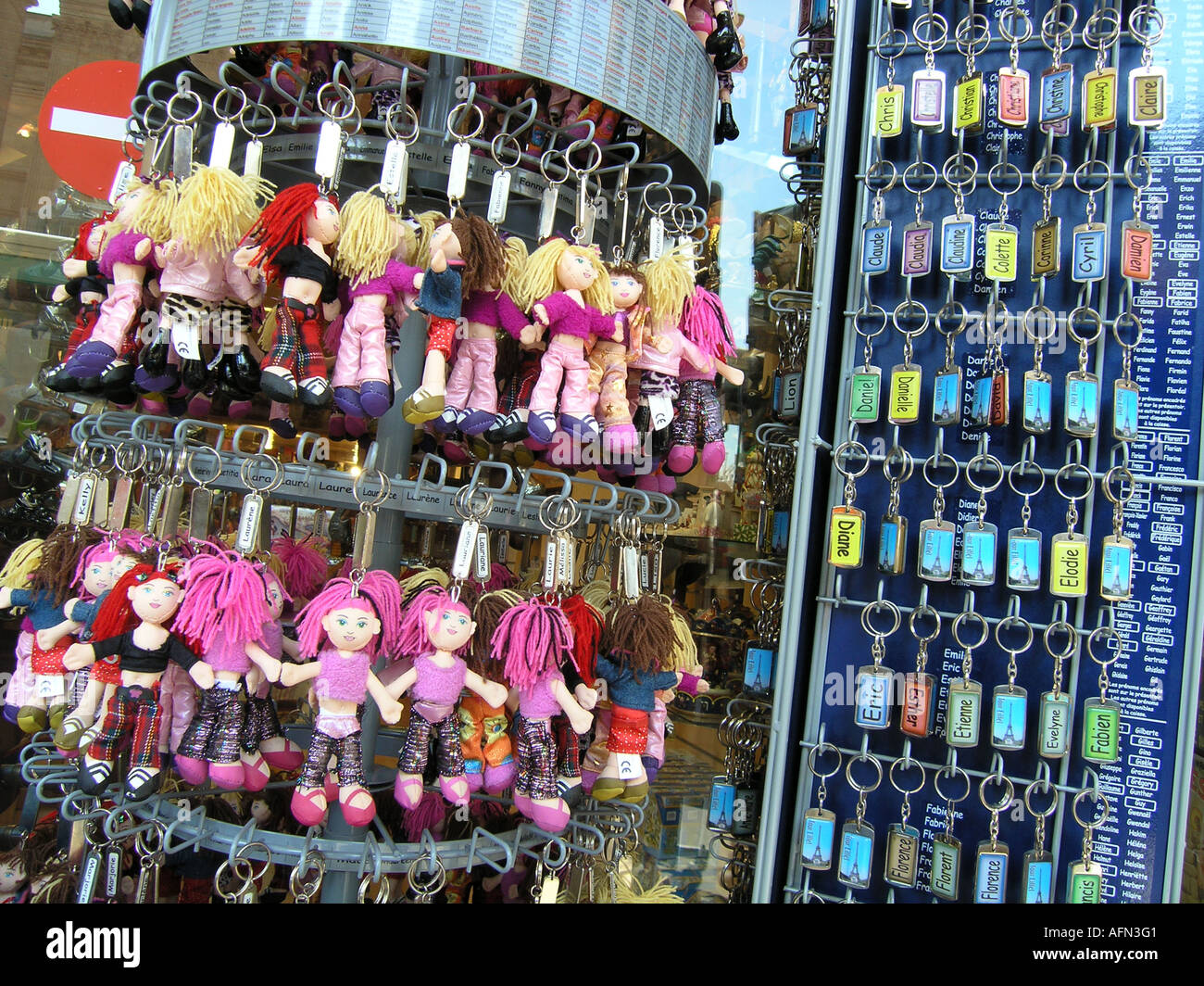 numerous miniature doll key rings and name plates for sale at tourist ...
