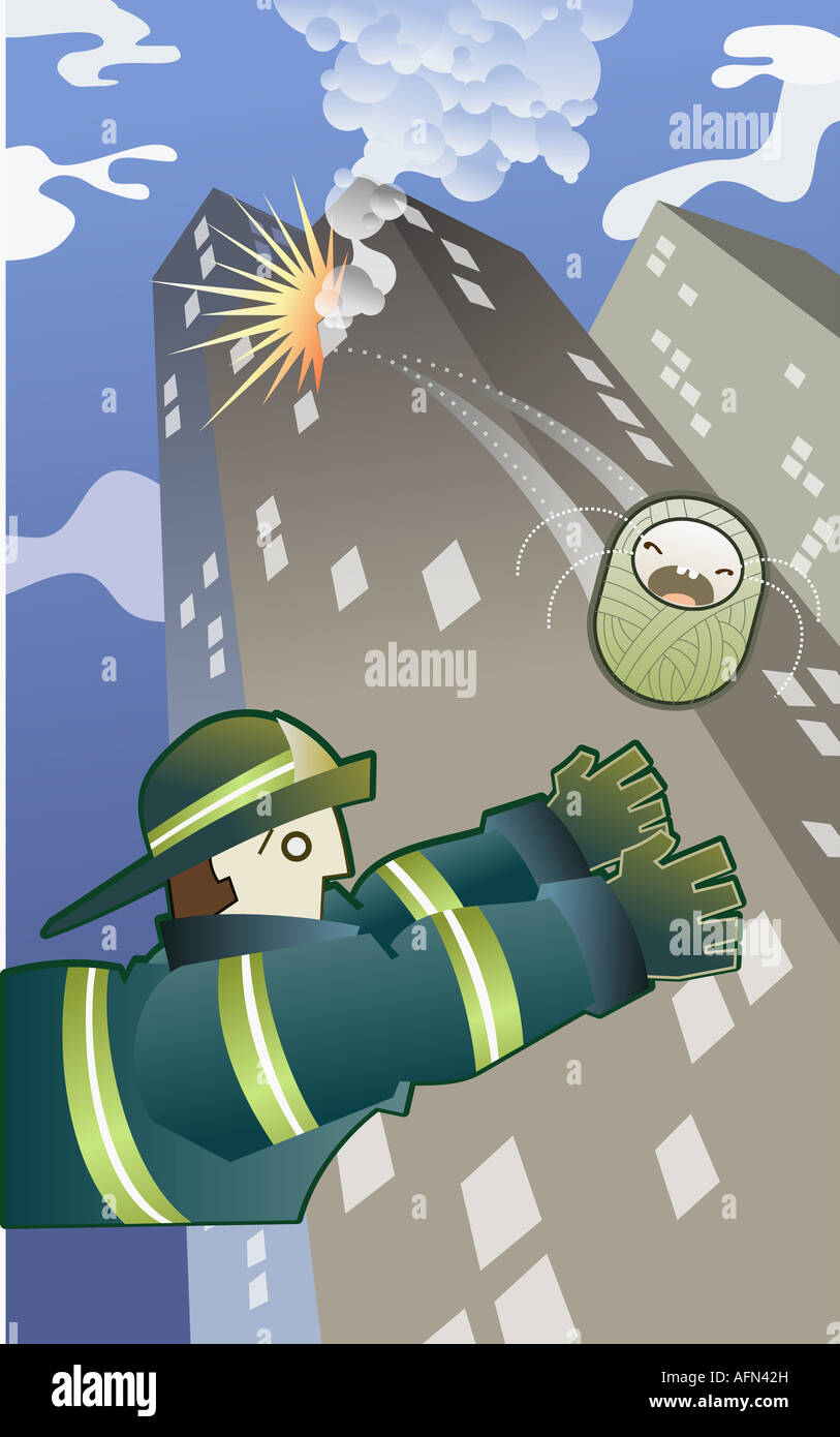 Firefighter catching a falling baby boy Stock Photo - Alamy
