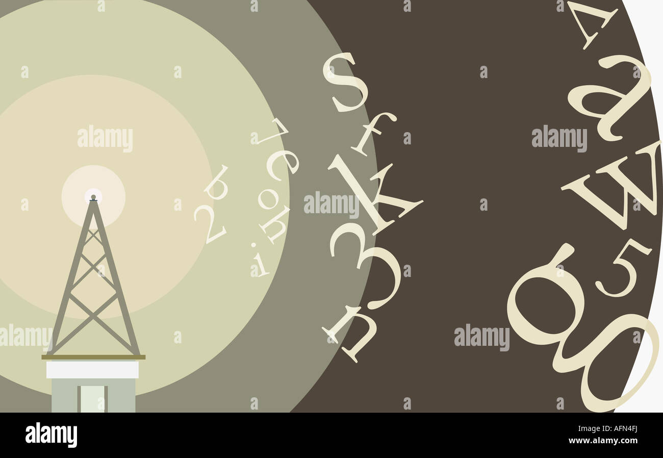 Alphabets and numbers floating around a communication tower Stock Photo ...
