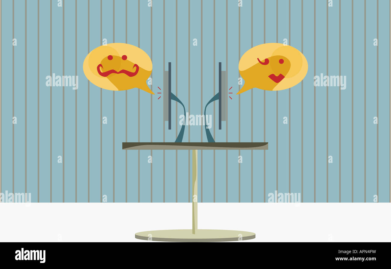 Male and female faces near a computer monitor Stock Photo - Alamy