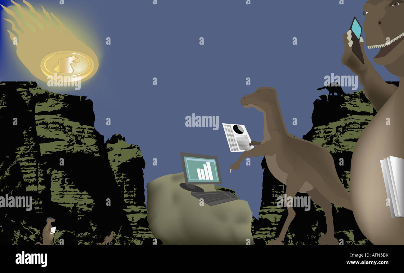 Two dinosaurs using a mobile phone and a laptop Stock Photo - Alamy