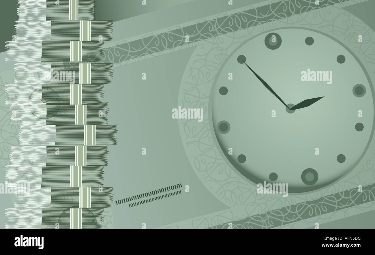 Stack of paper money beside a wall clock Stock Photo - Alamy