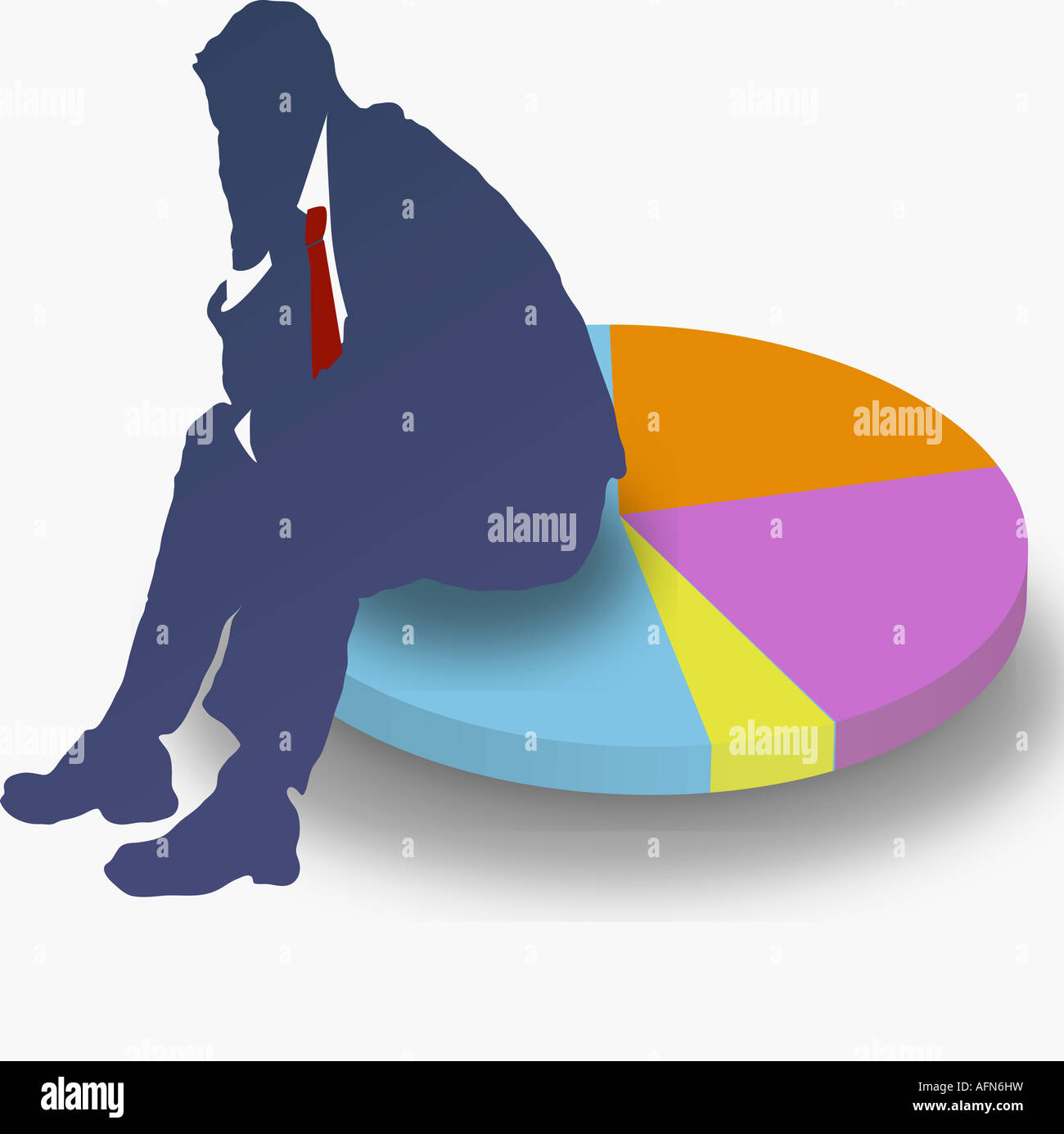 Businessman sitting on a pie chart and thinking Stock Photo - Alamy