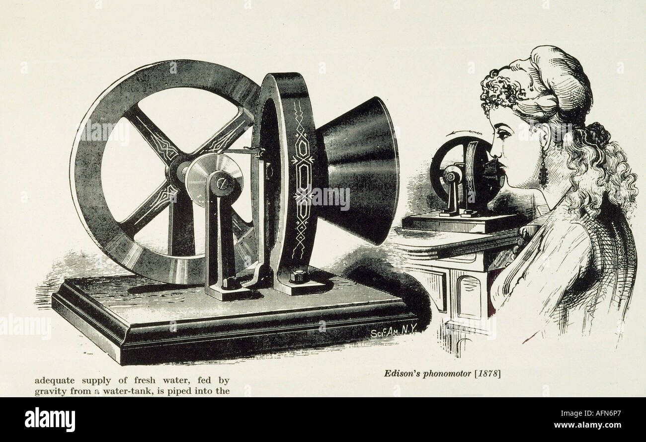 music, phonograph, phono motor by Thomas Edison, engraving, USA 1878 ...