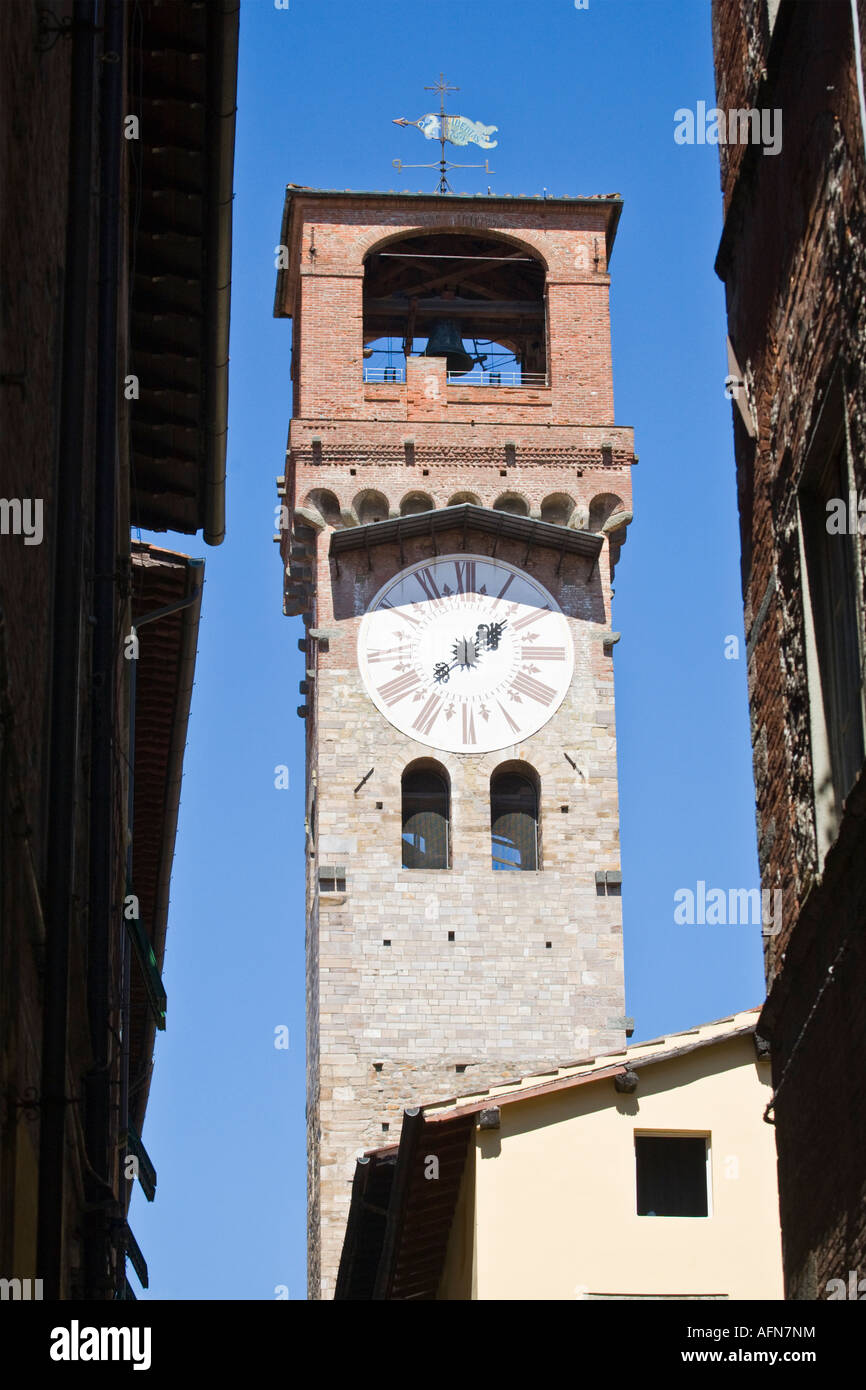 The Torre delle Ore (Clock Tower) as seen from street level. Lucca ...