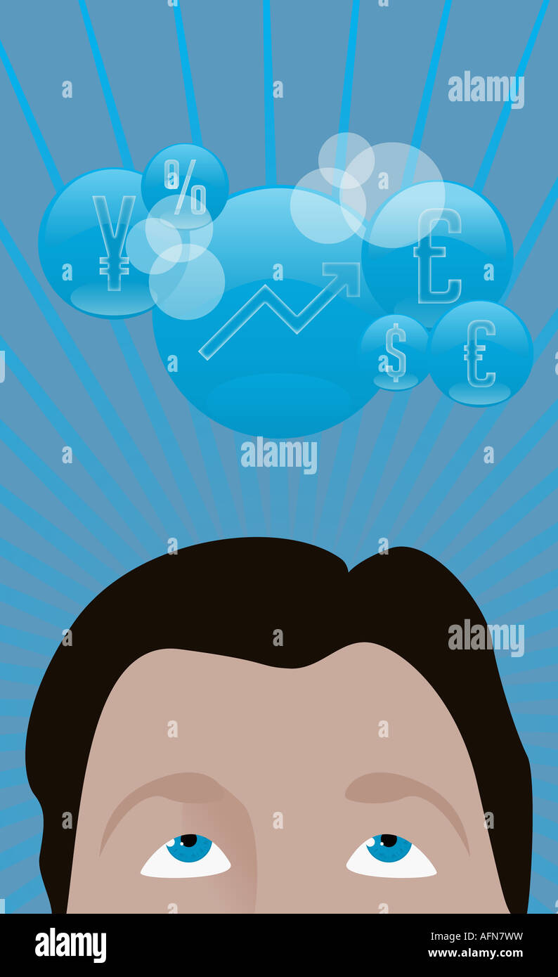 Businessman looking at currency symbols above his head Stock Photo - Alamy