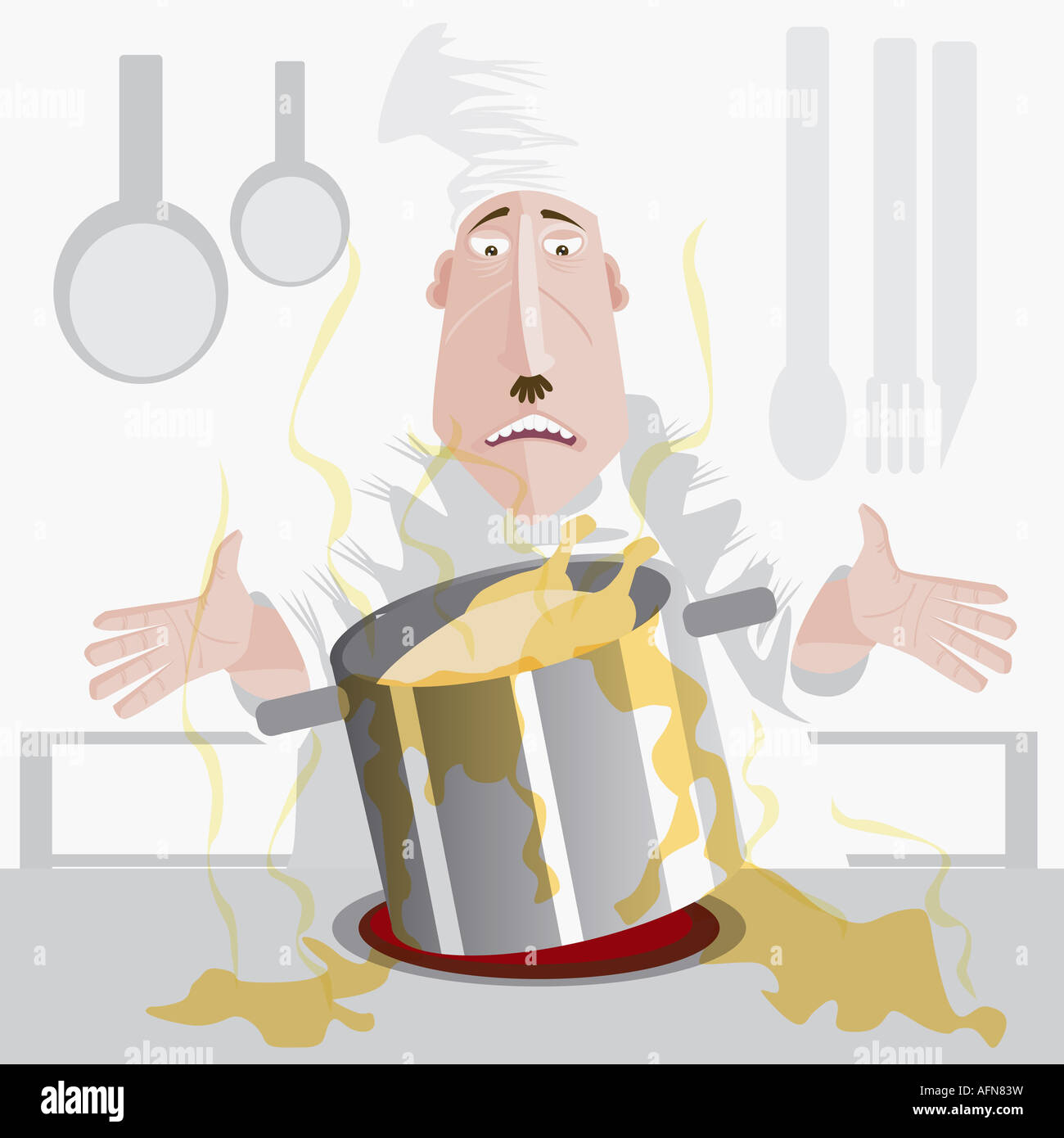 Chef looking at an overflowing sauce pan Stock Photo - Alamy