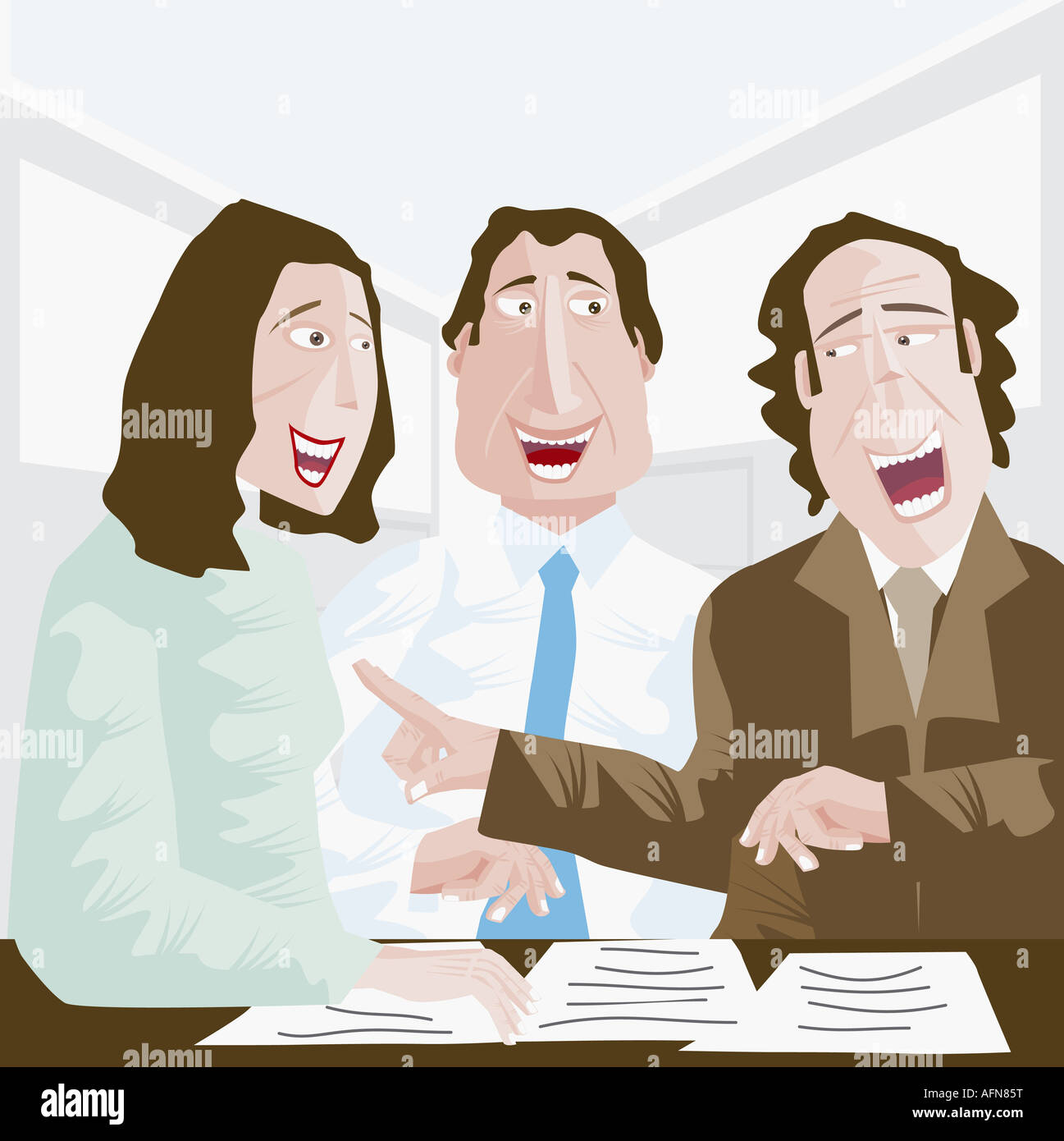 Businessman pointing at colleagues and laughing Stock Photo - Alamy