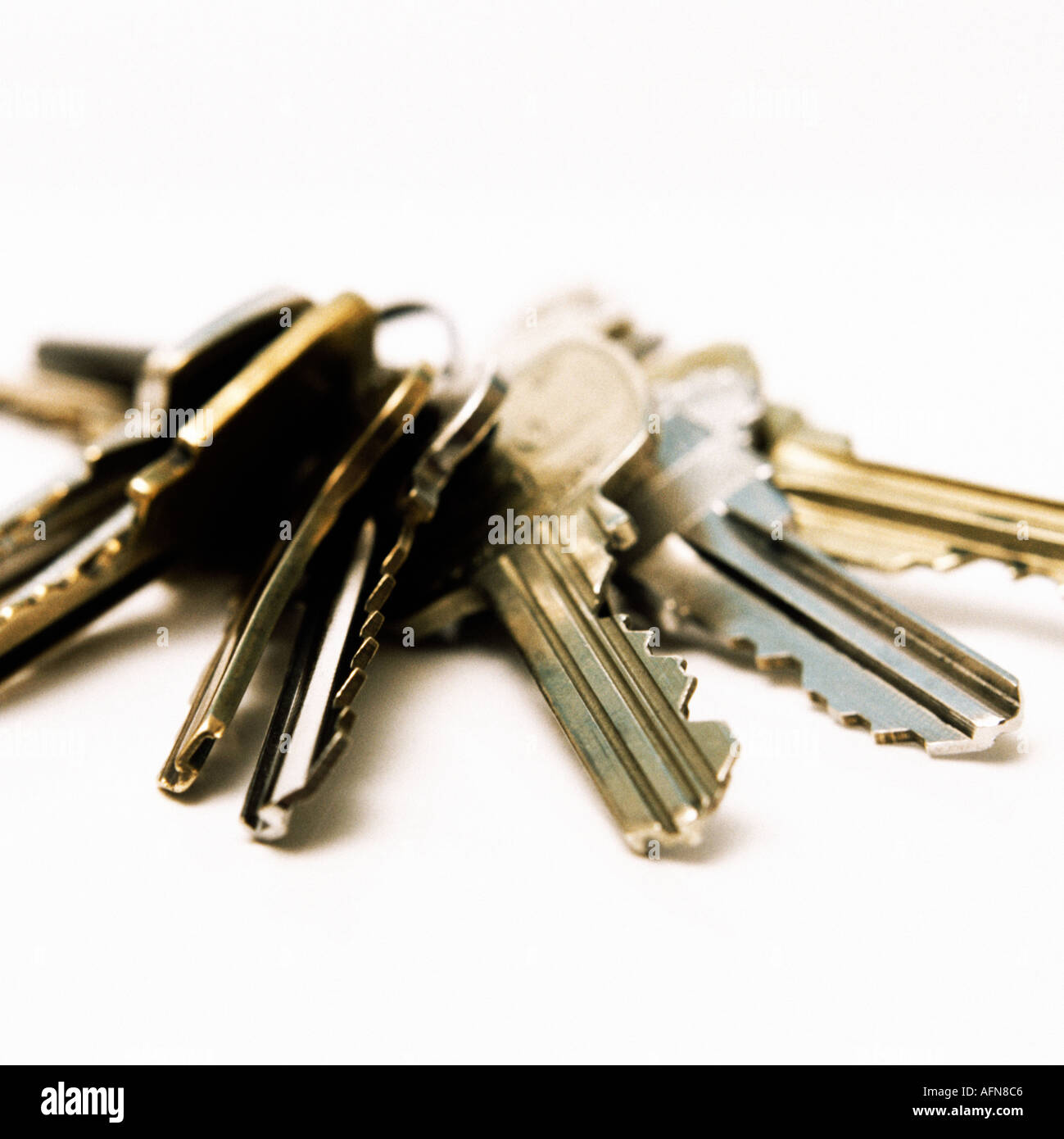 A close up of a bunch or a set of many keys on white background Still ...