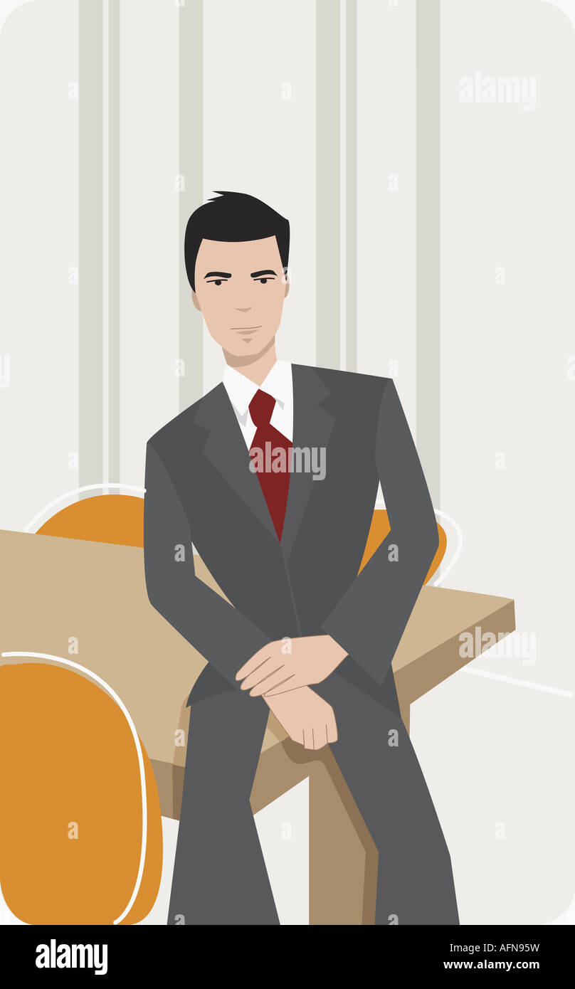 Businessman sitting on the table in an office Stock Photo - Alamy
