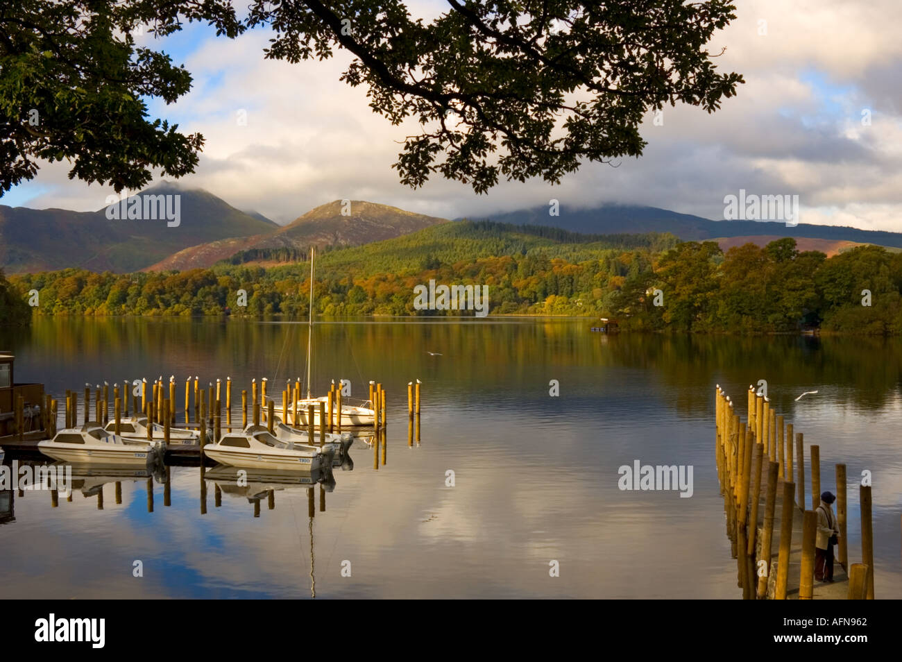 Boats for hire moored on Derwent Water at Keswick in the English Lake ...