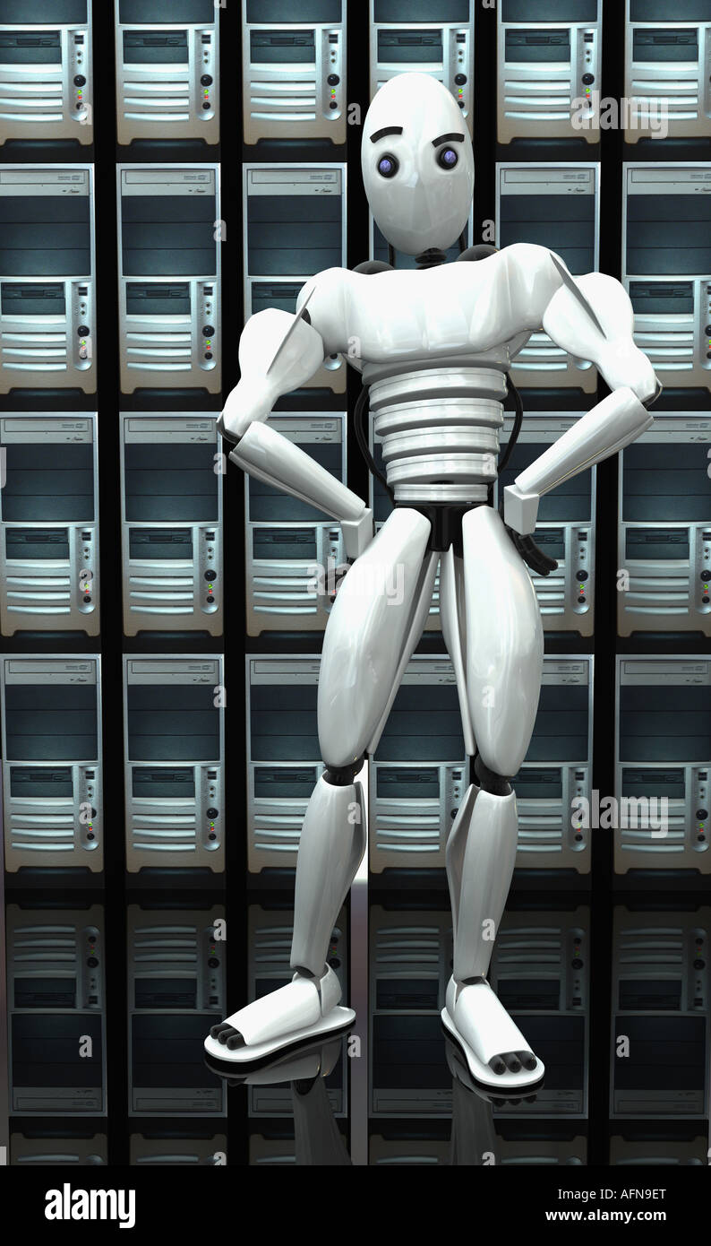 Robot standing in front of a stack of computers Stock Photo - Alamy