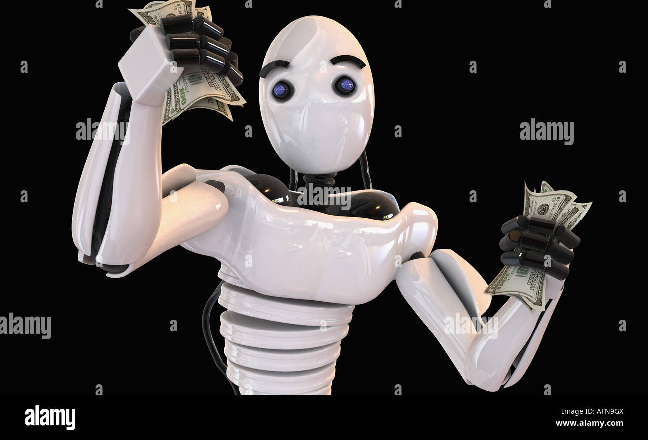 Robot holding one hundred dollar bills Stock Photo - Alamy
