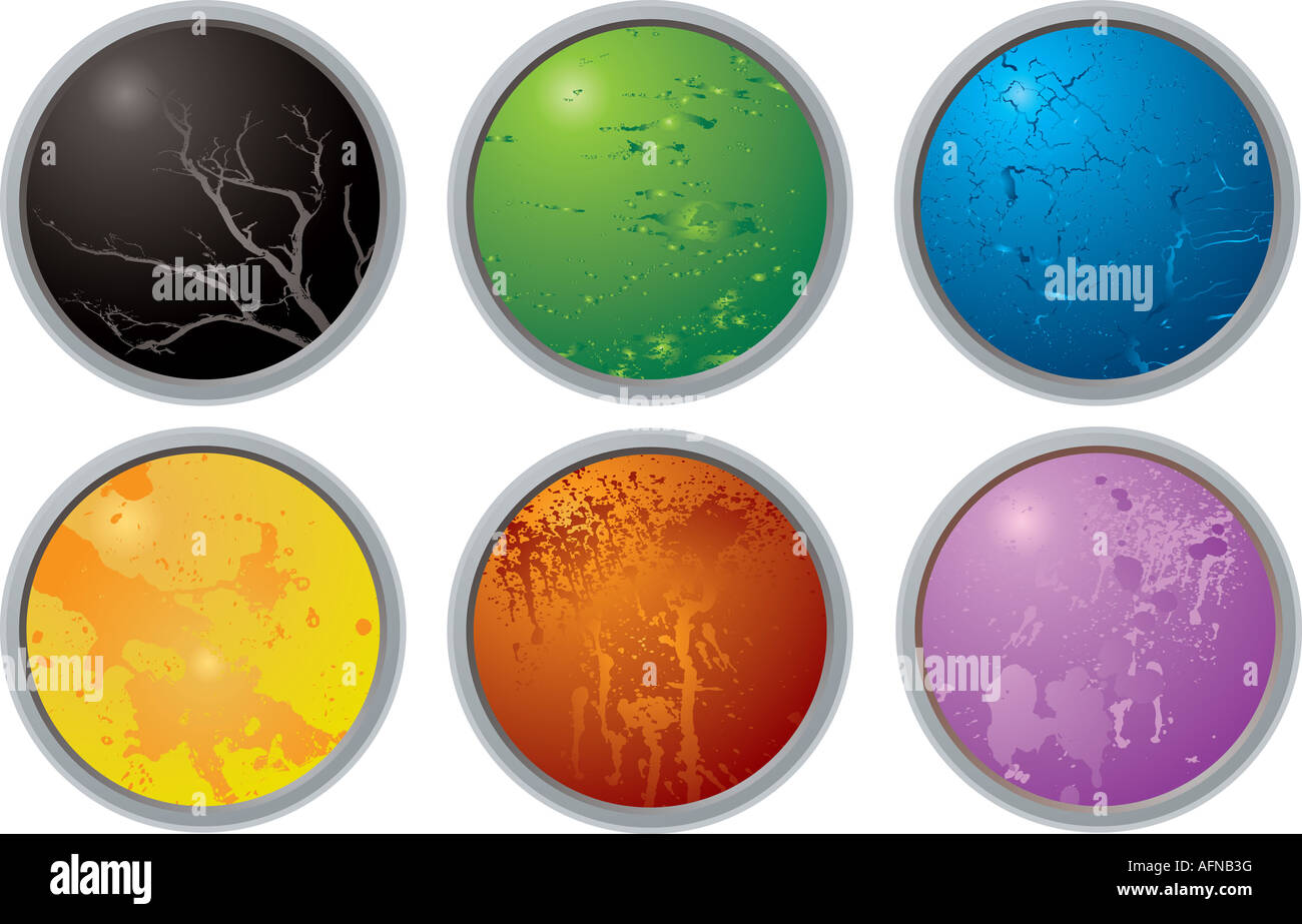 Illustrated collection of buttons in six different color variations ...