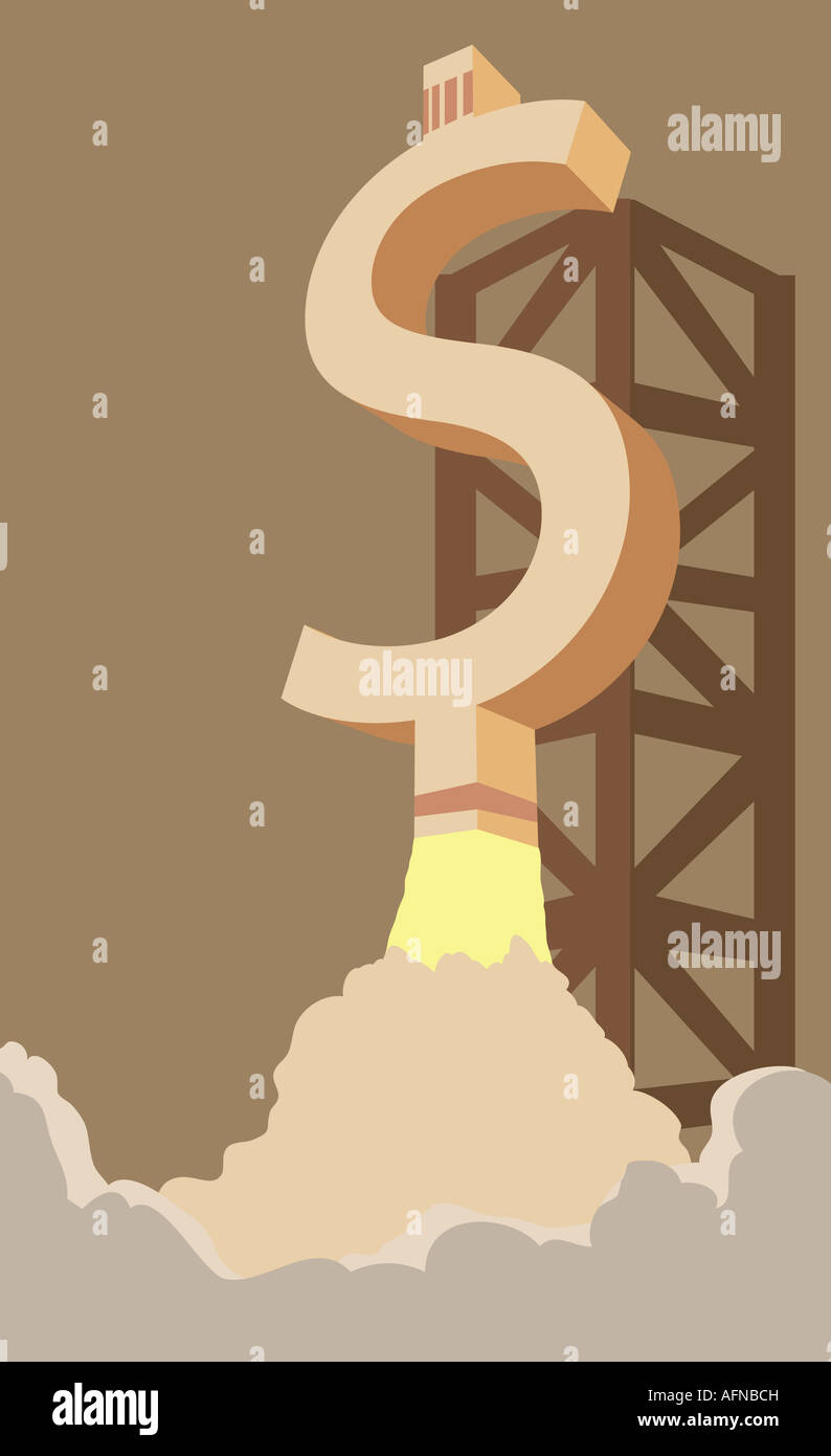 Rocket in shape of dollar sign taking off from launch pad Stock Photo ...