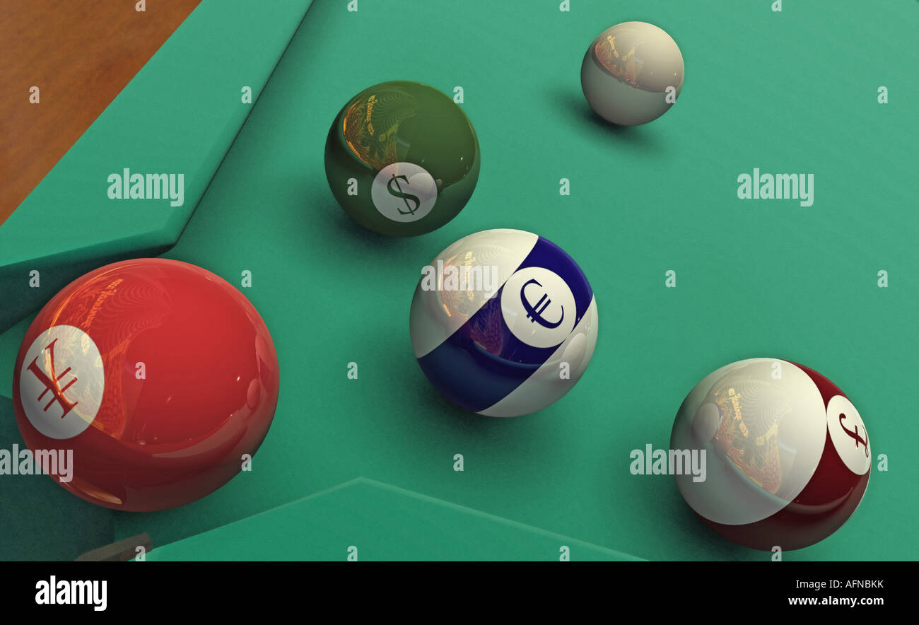 Currency signs on cue balls Stock Photo - Alamy