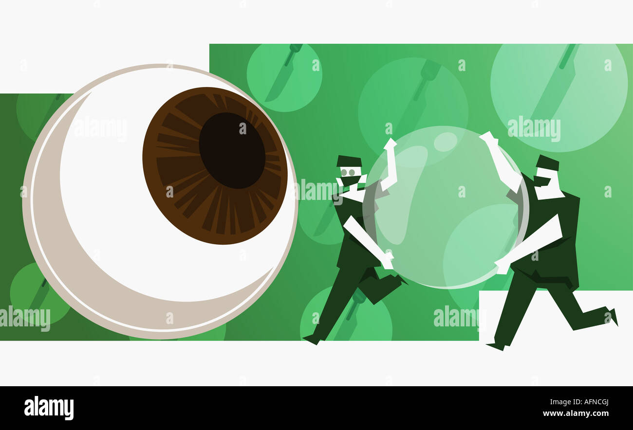 Surgeons carrying a contact lens and running towards an eyeball Stock ...