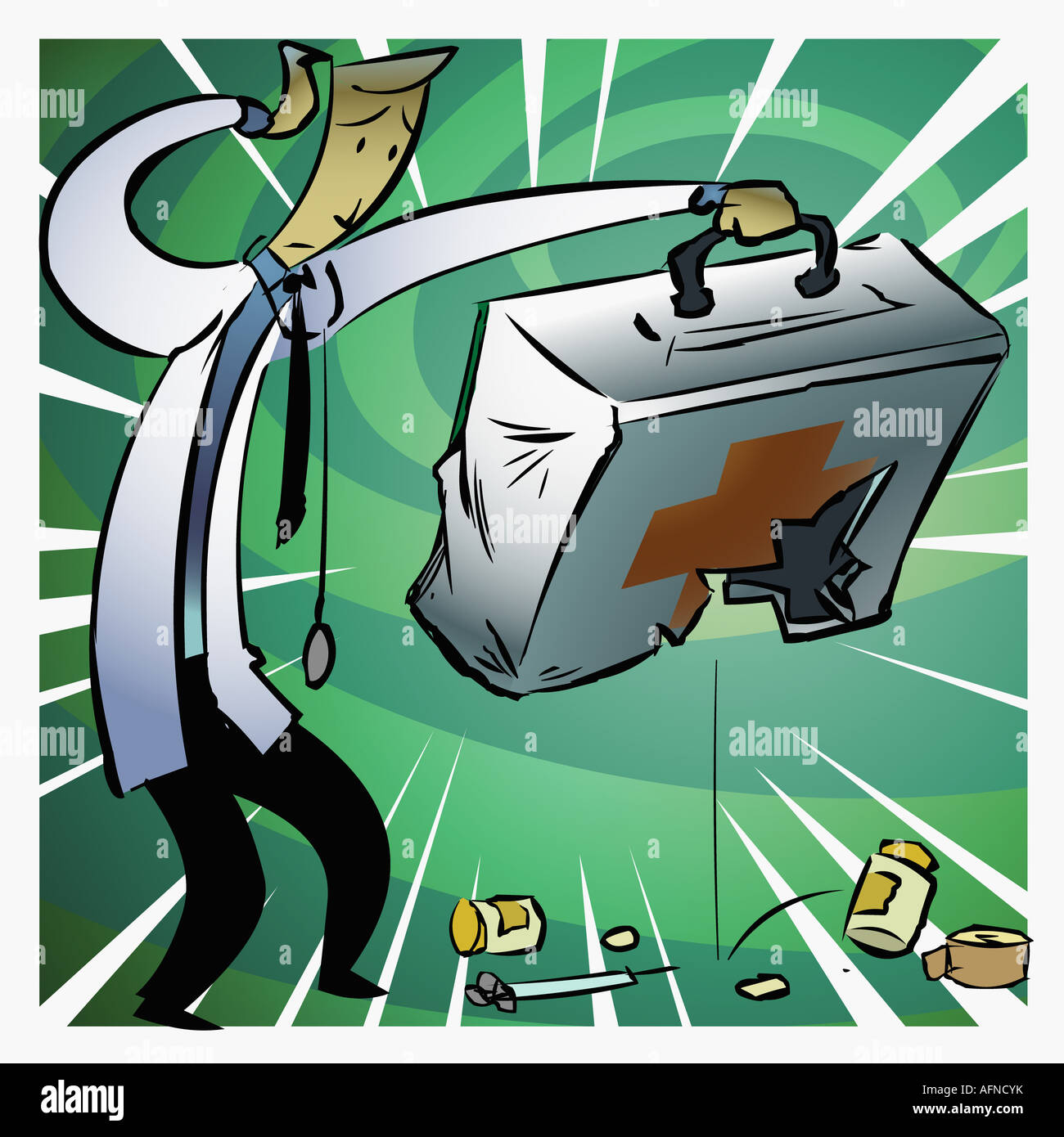 Male doctor holding a broken first aid kit Stock Photo - Alamy