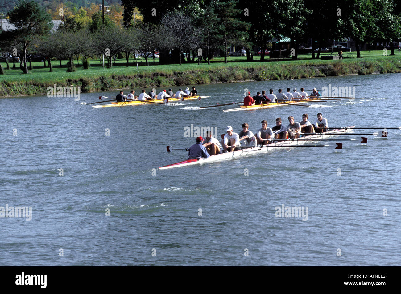 Cornell University students practice the sport of team rowing sculling ...