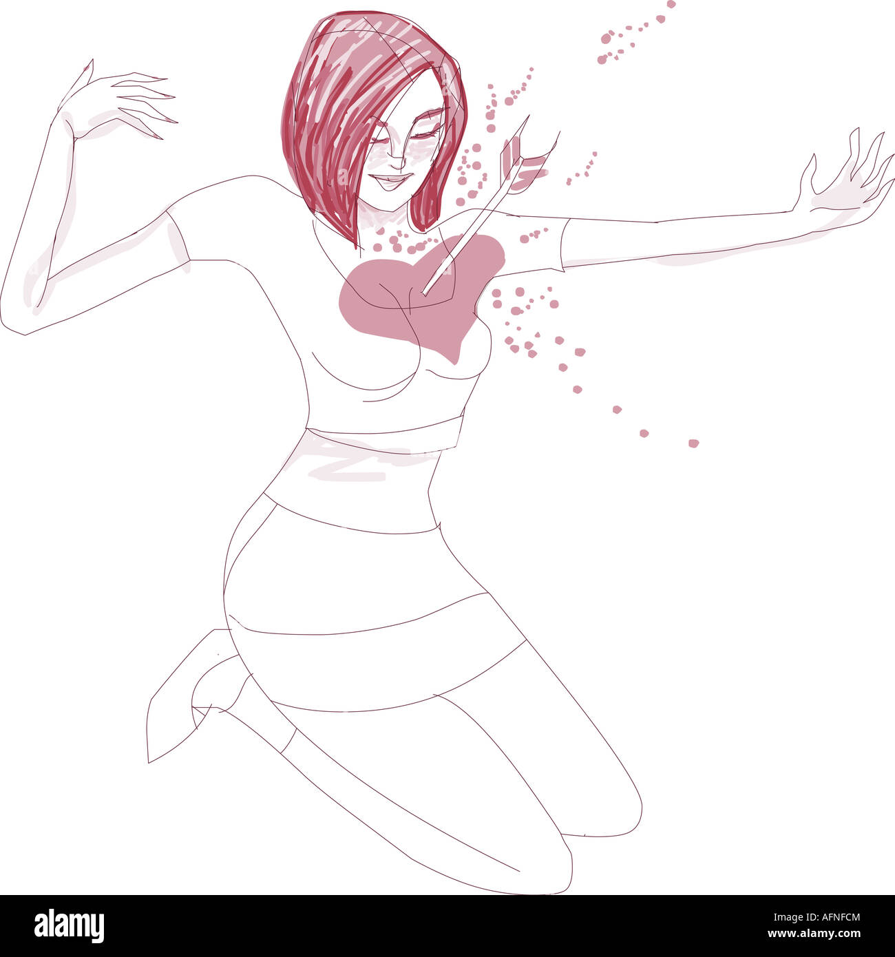 Woman kneeling with an arrow in a heart on her chest Stock Photo - Alamy