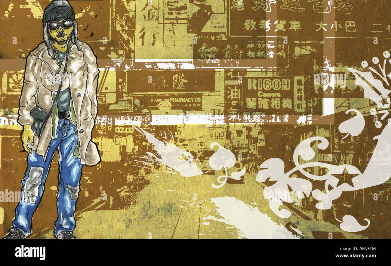 Man with signboards in the background Stock Photo - Alamy