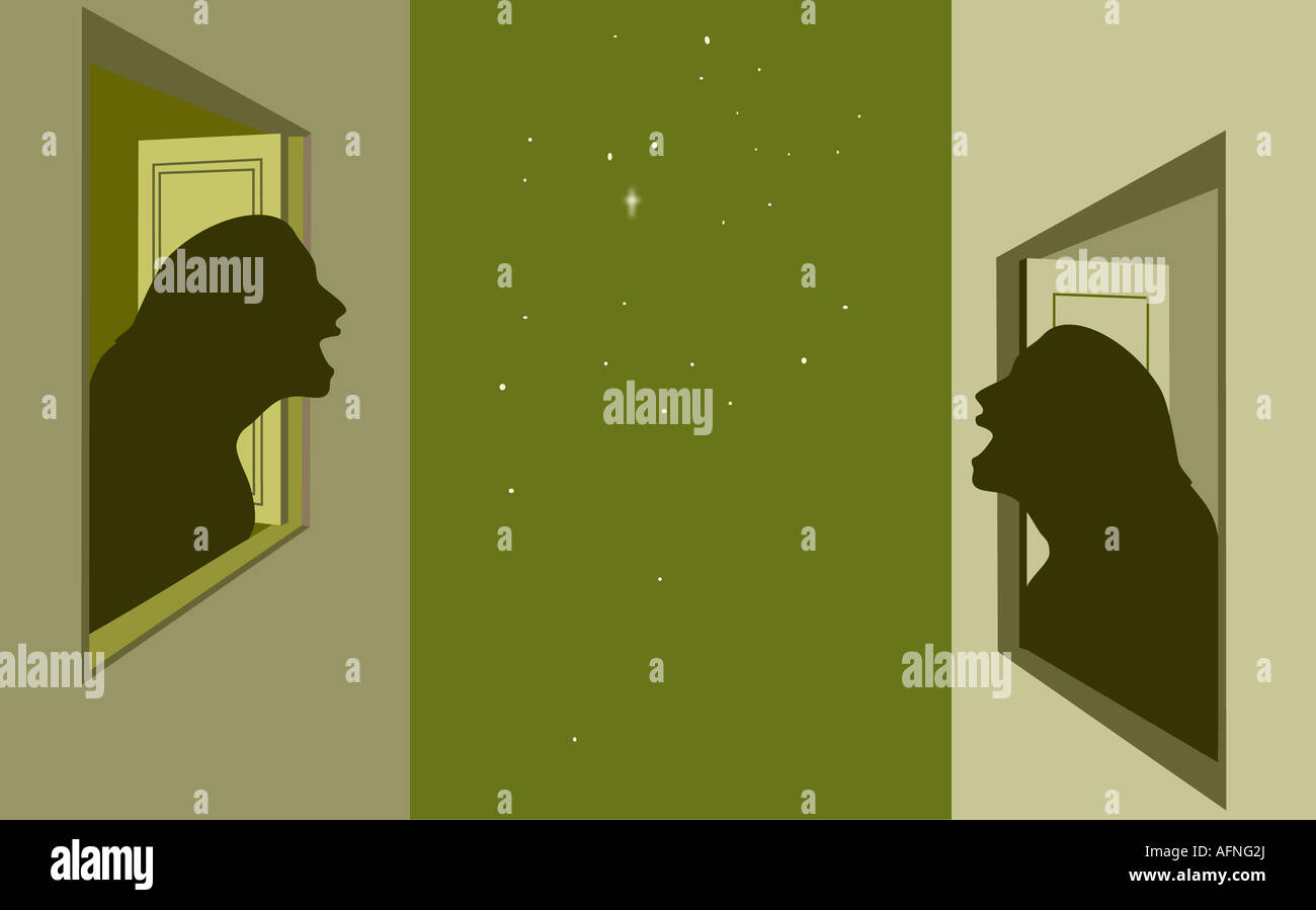 Two young women talking through windows Stock Photo - Alamy