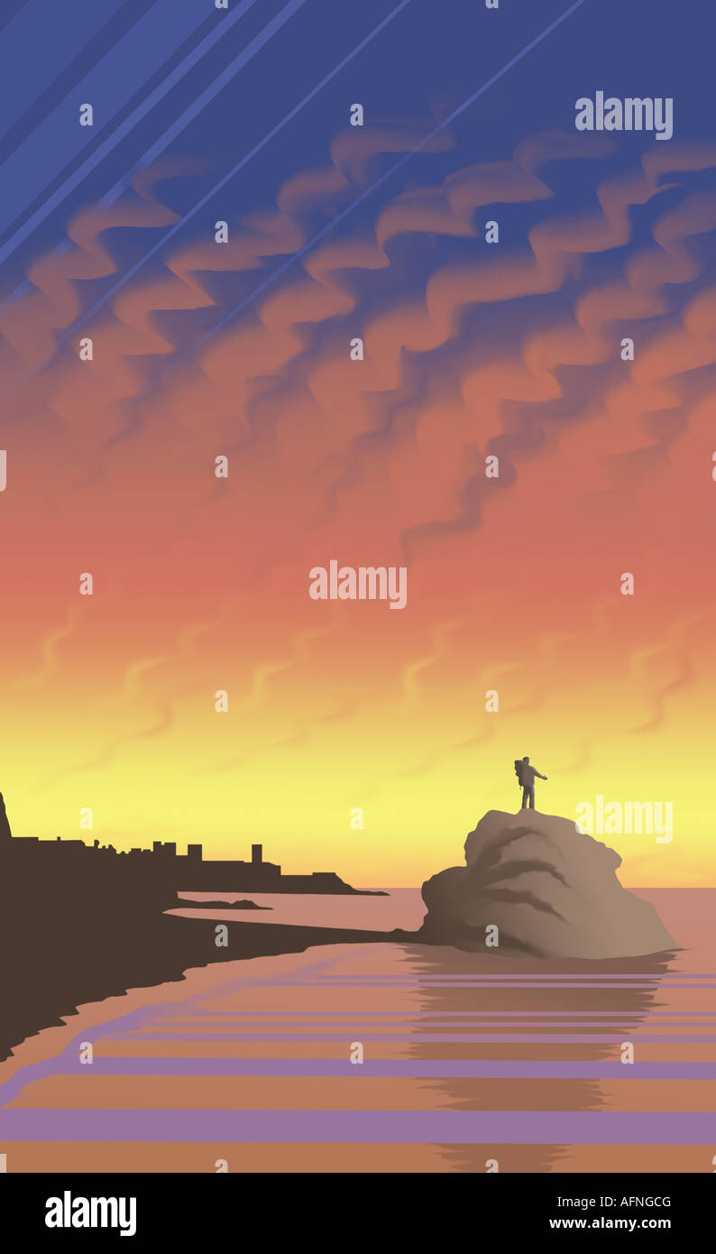 Young man standing on a rock carrying a backpack Stock Photo - Alamy