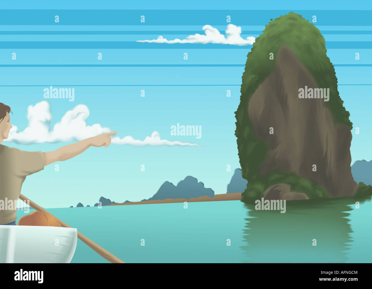 Young man boating and pointing to a rock Stock Photo - Alamy