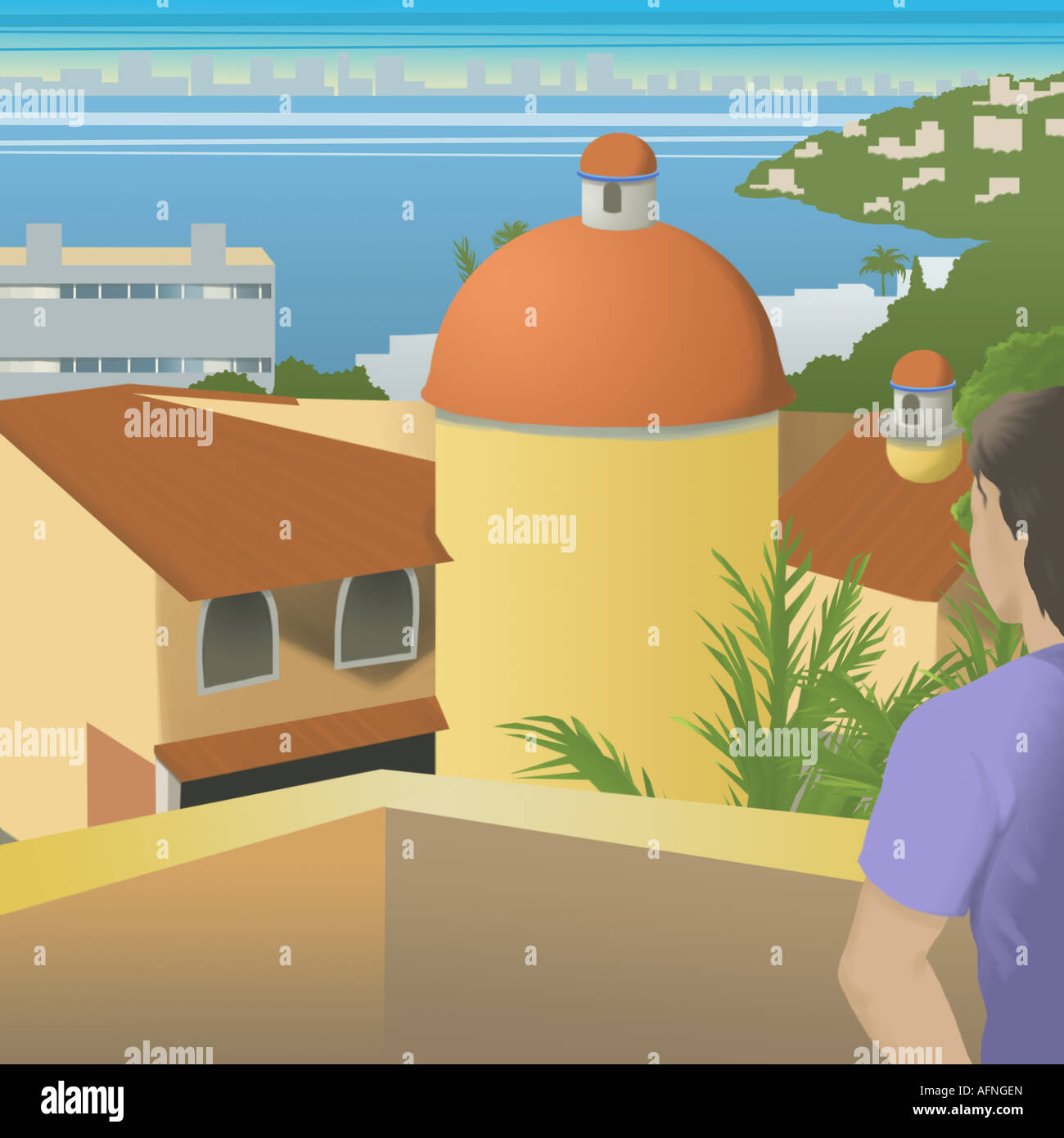 Young man standing in a balcony and looking out Stock Photo - Alamy