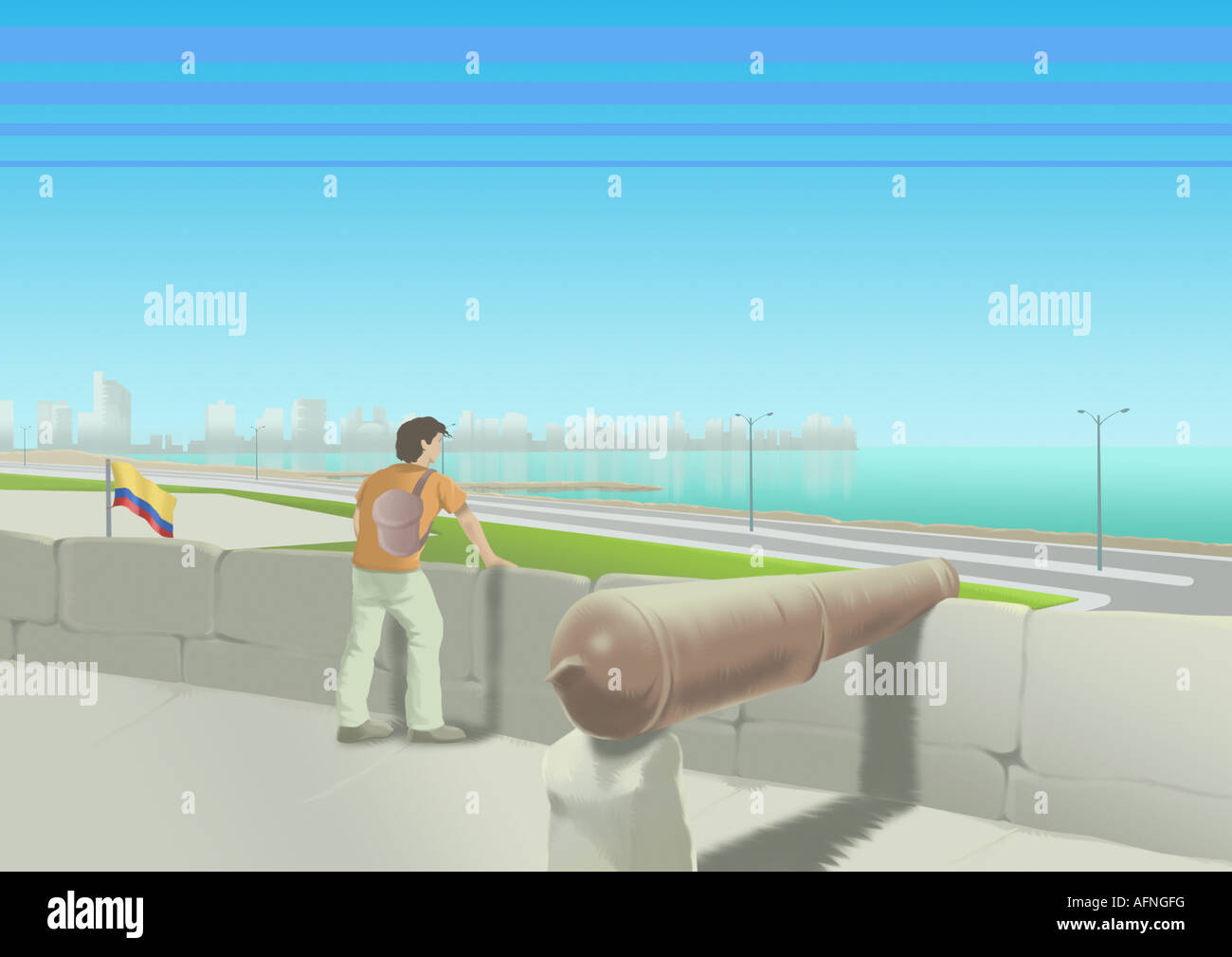 Young man standing beside a cannon and looking ahead Stock Photo - Alamy