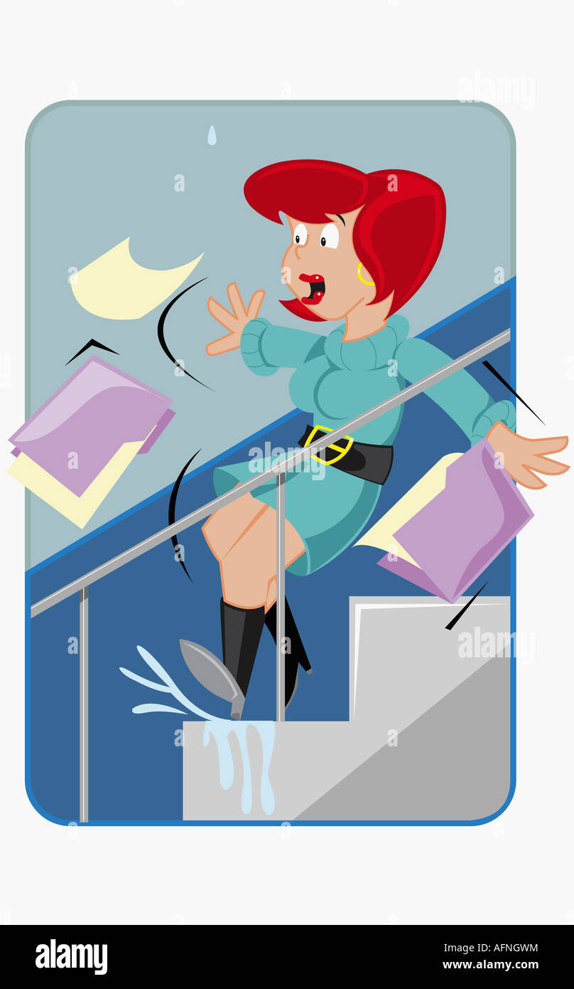 Young woman loosing her balance on a staircase Stock Photo - Alamy