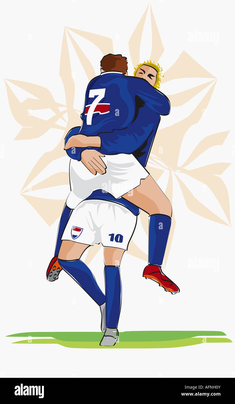 Two soccer players hugging each other Stock Photo - Alamy