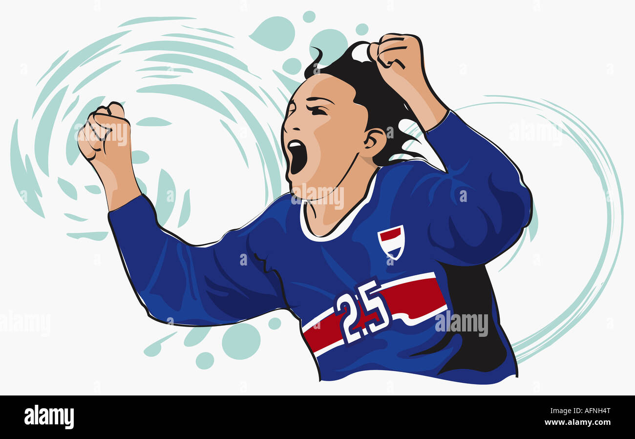 Soccer player shouting with his arms raised Stock Photo - Alamy