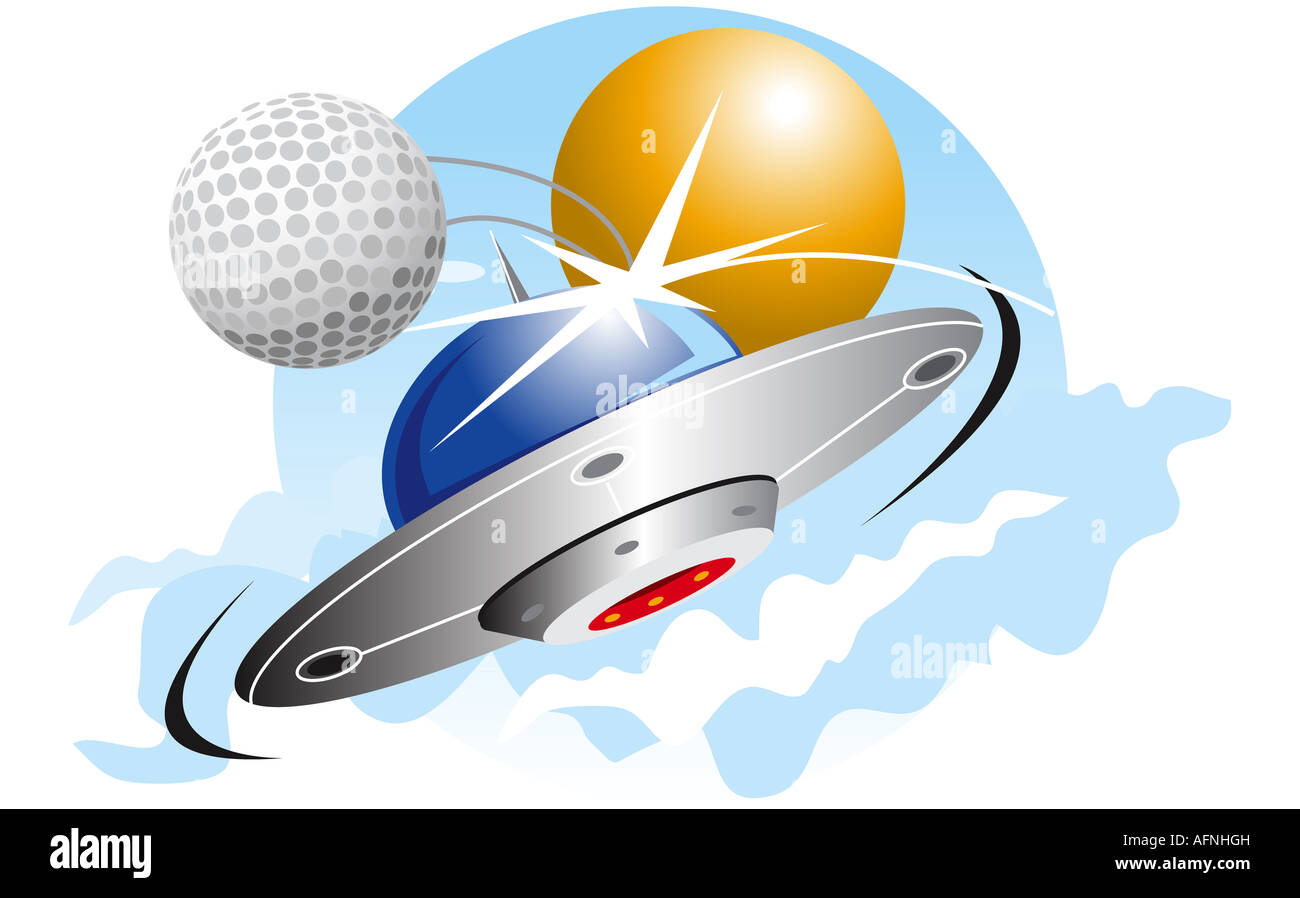 Golf ball hitting a UFO in space Stock Photo - Alamy