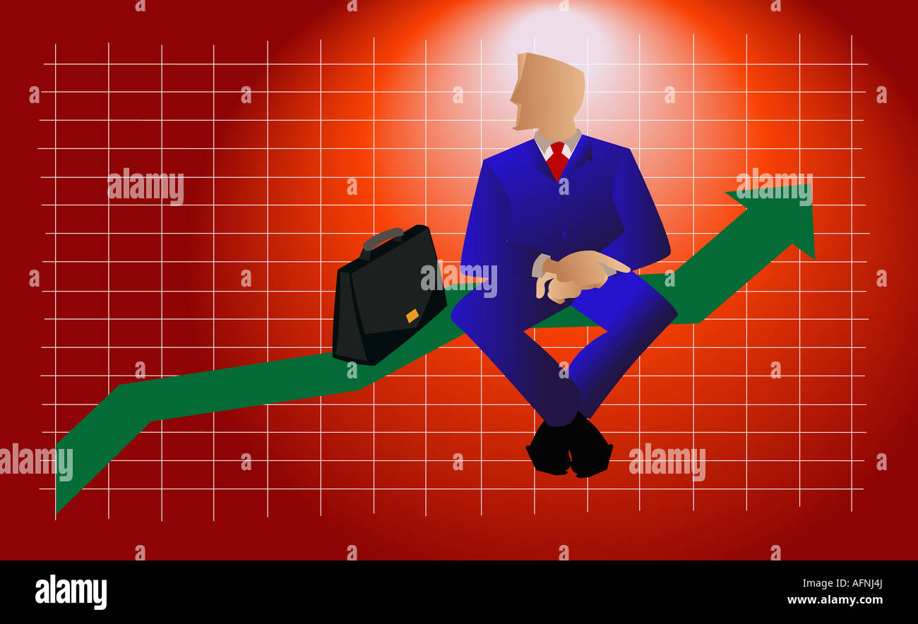 Businessman sitting on a line graph with a briefcase Stock Photo - Alamy
