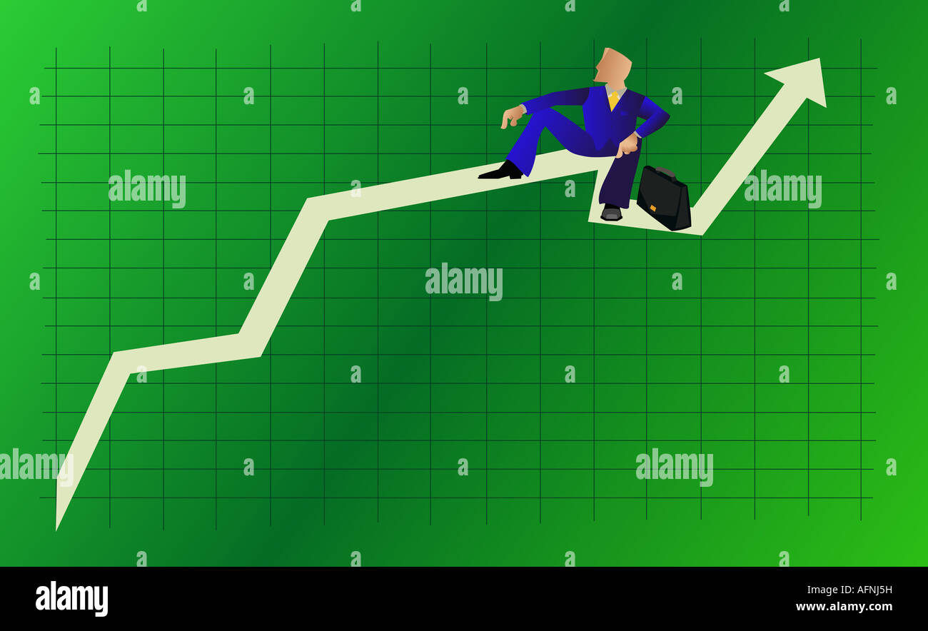 Businessman sitting on a line graph with a briefcase Stock Photo - Alamy