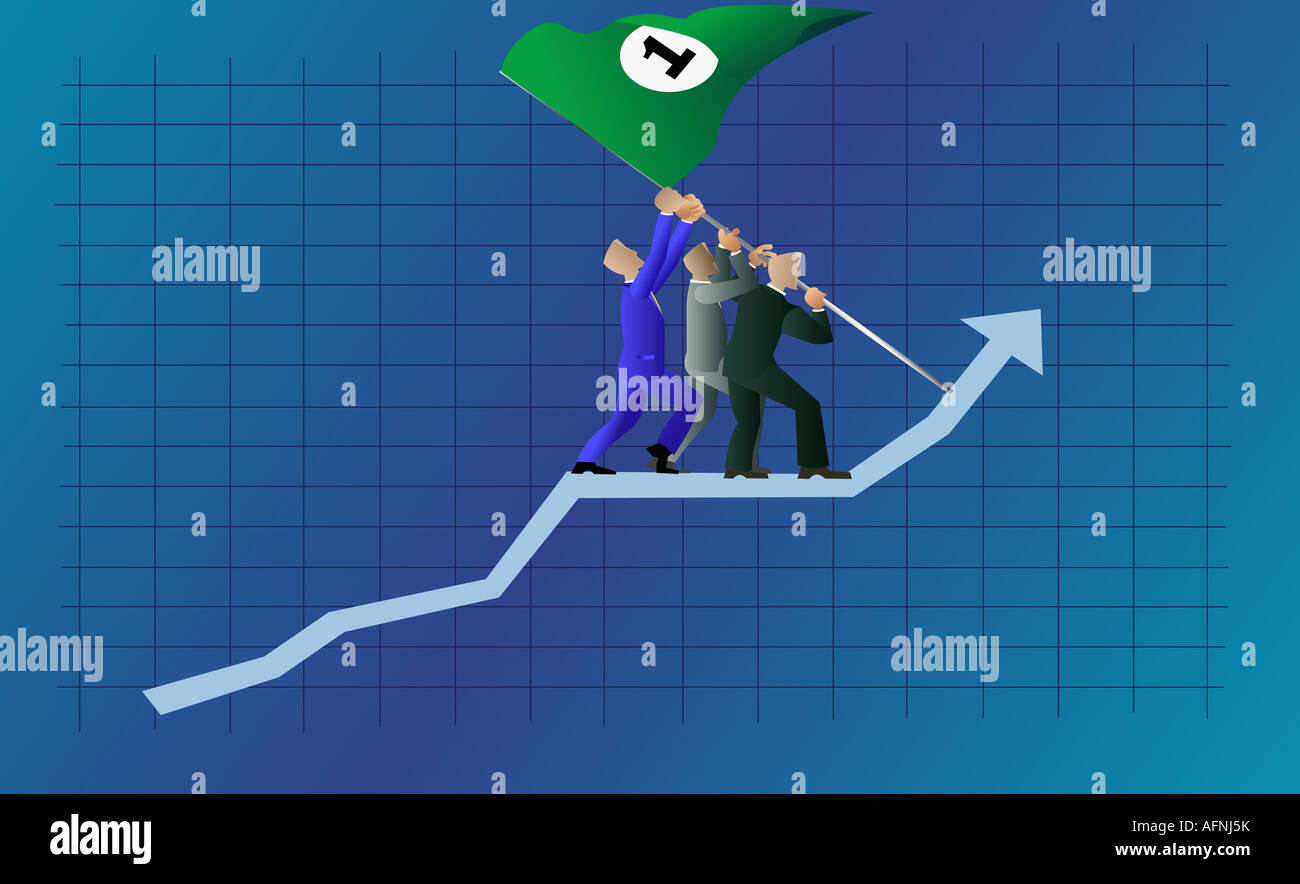 Three businessmen walking up on a line graph Stock Photo - Alamy