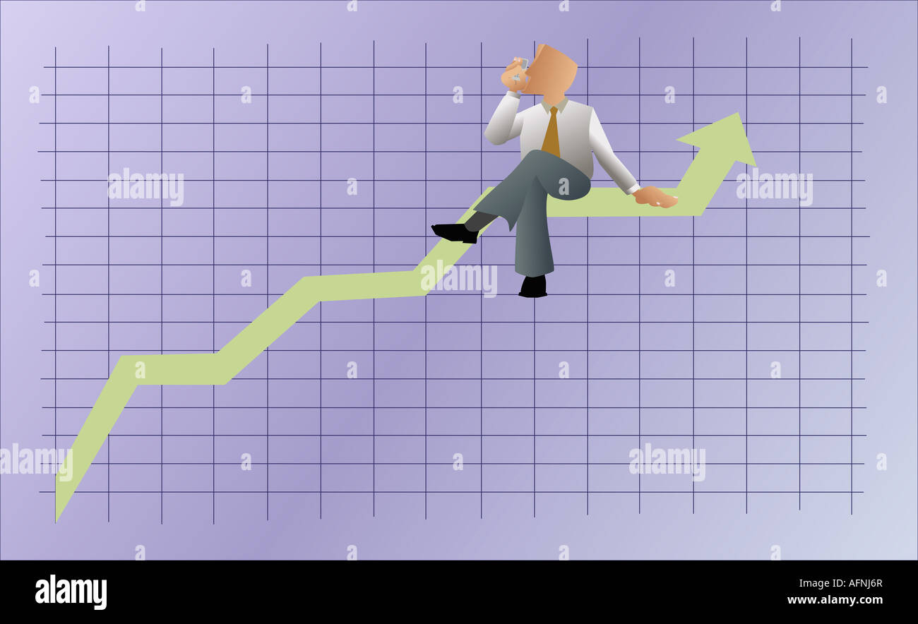 Businessman sitting on a line graph with mobile phone Stock Photo - Alamy