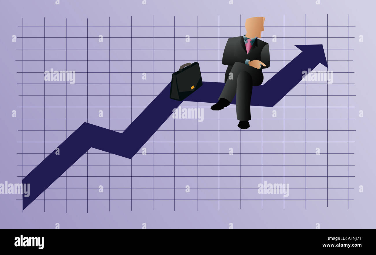 Businessman sitting on a line graph with a briefcase Stock Photo - Alamy