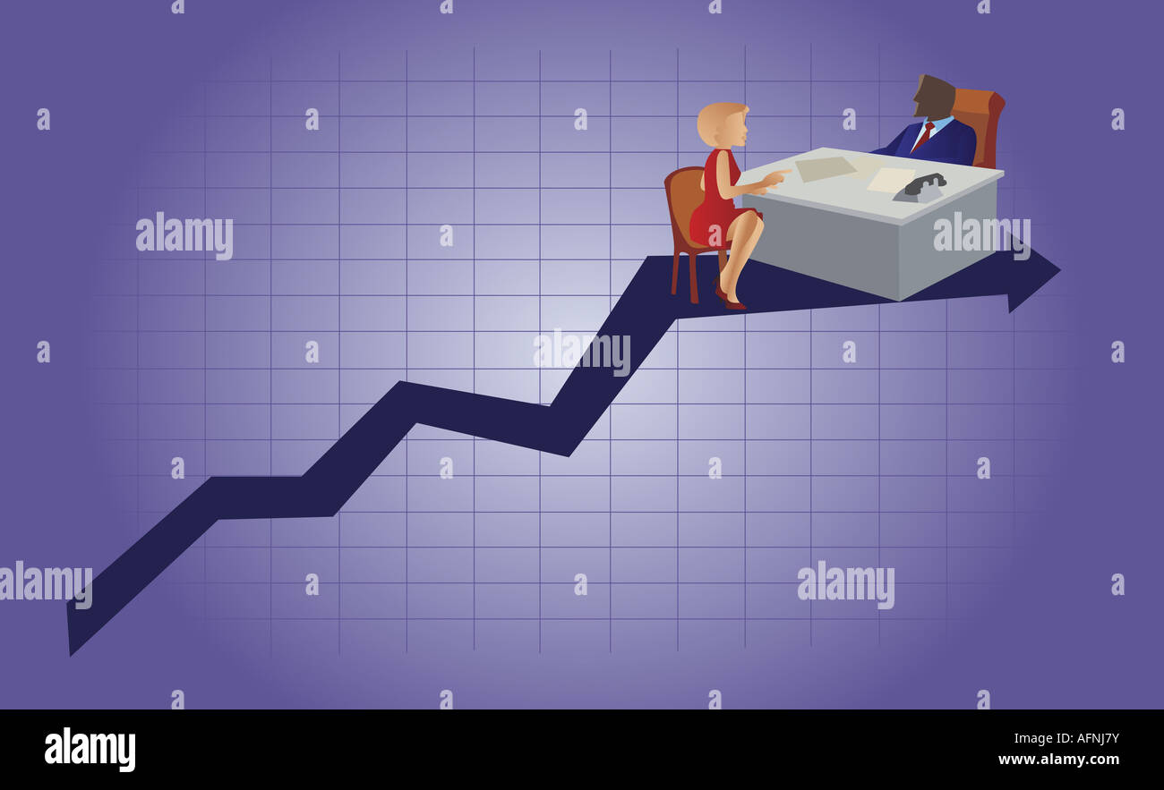Businesspeople sitting at a desk on a line graph Stock Photo - Alamy