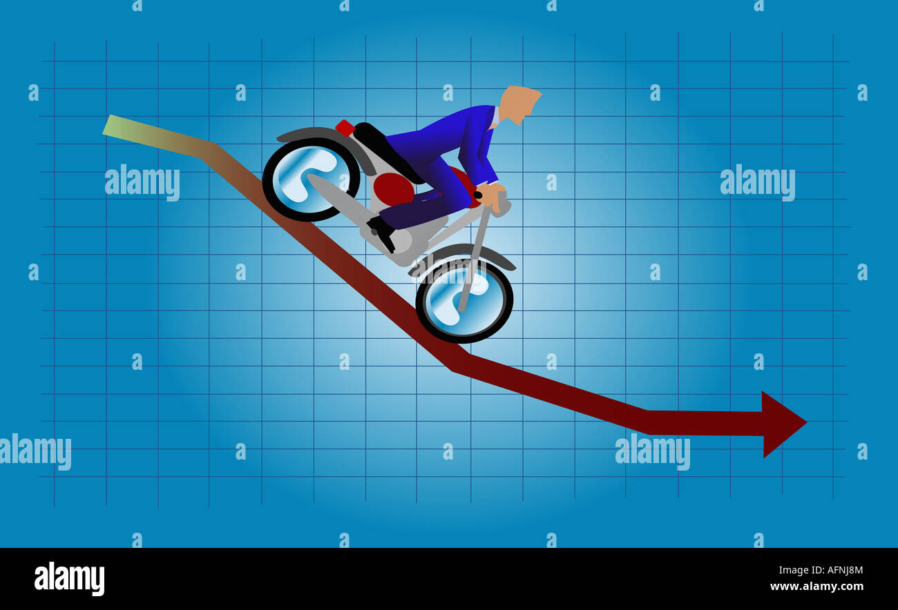 Businessman riding a motorcycle down on a line graph Stock Photo - Alamy