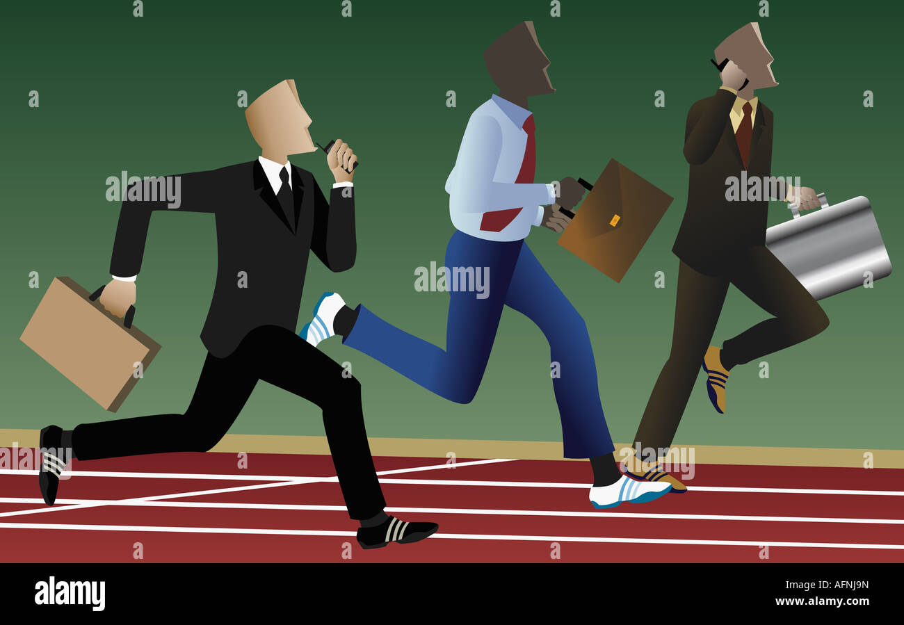 Three businessmen running on a running track Stock Photo - Alamy