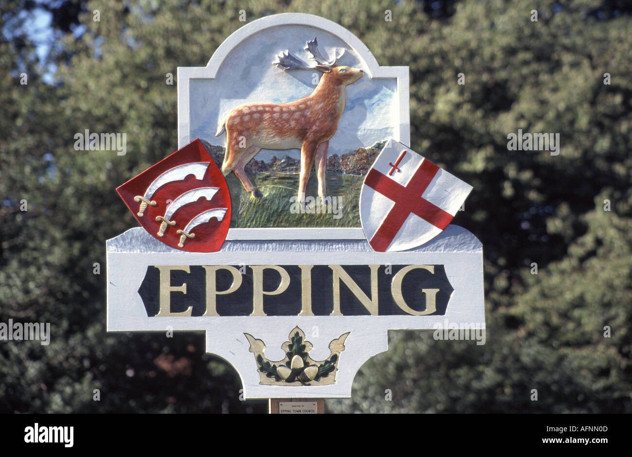 Epping town sign incorporating Essex county shield and that of The City ...