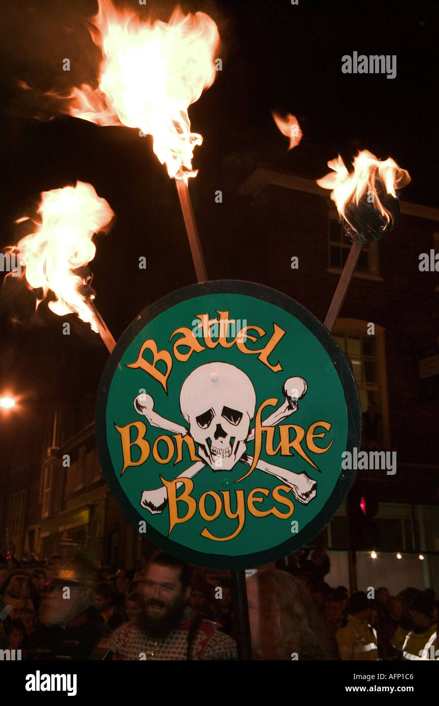 Bonfire Society Banner being carried aloft during Lewes Bonfire ...