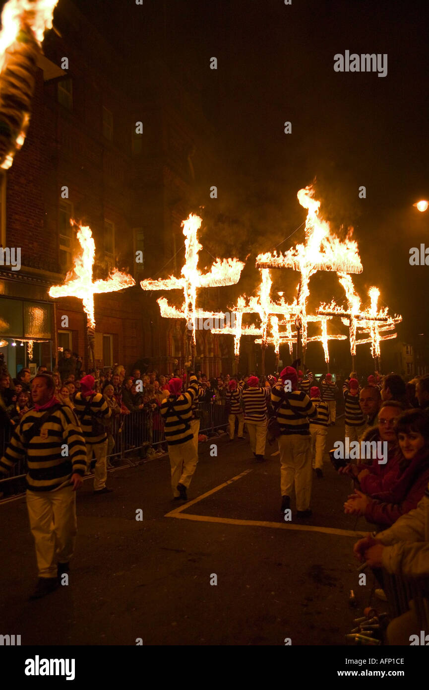 Blazing crosses are paraded through Lewes, Lewes Bonfire celebrations ...