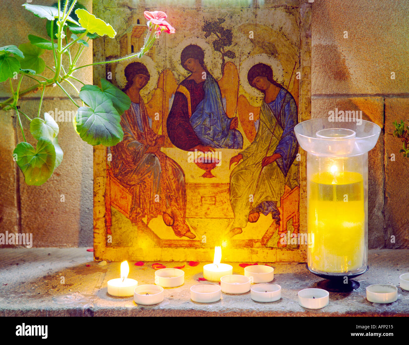 Iona Abbey, Inner Hebrides, Scotland. Chapel detail, icon and candles ...