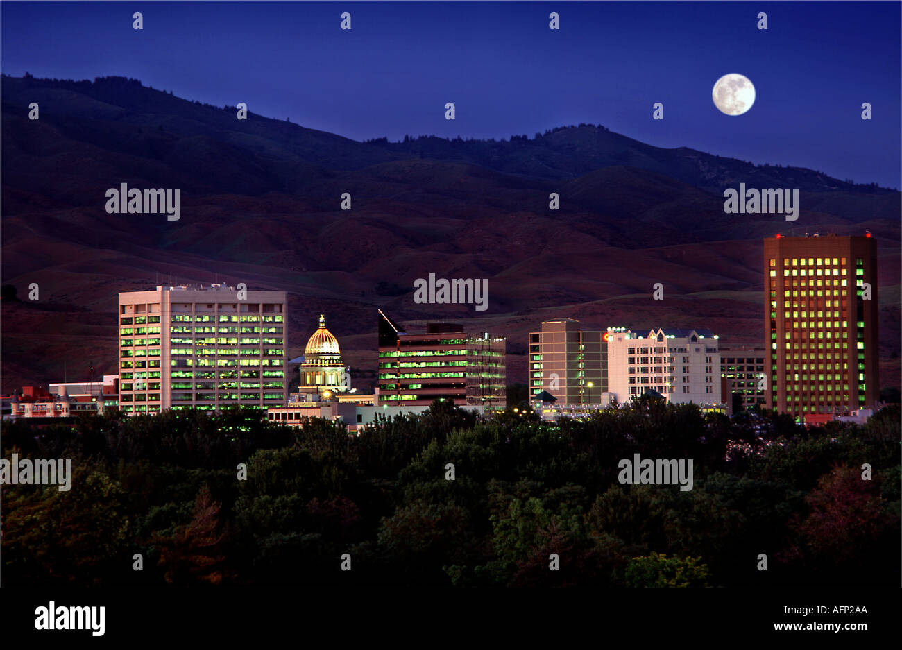 Idaho City of Boise skyline view at night with moon rising over the ...
