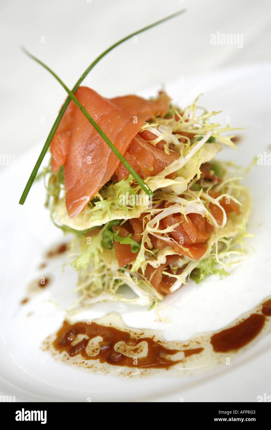 Smoked salmon and salad garnish with sauce Stock Photo - Alamy