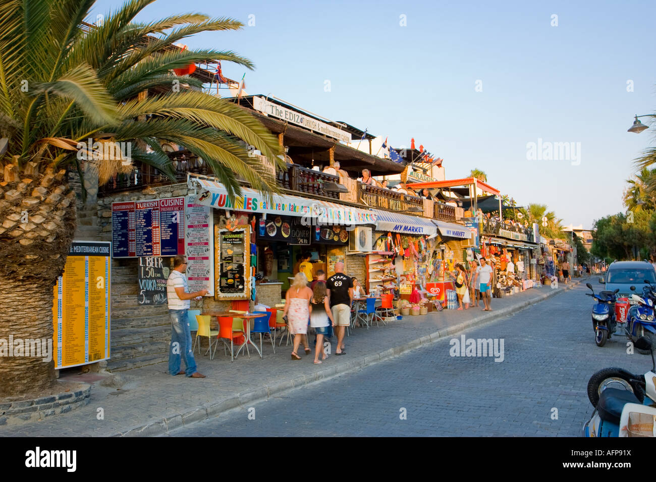 Restaurants and Shops in Gumbet Turkey Stock Photo - Alamy