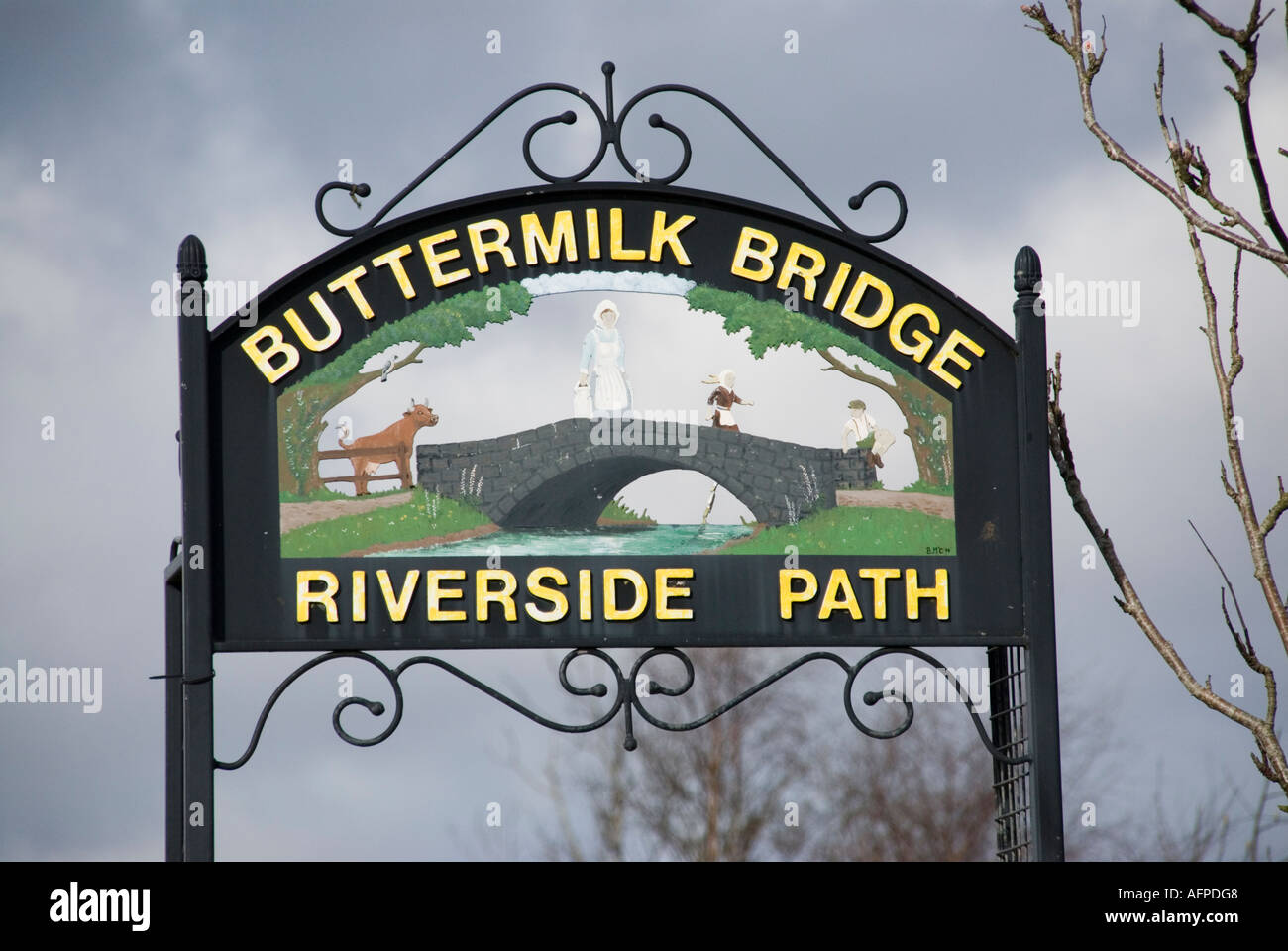 Sign marking the Buttermilk Bridge riverside path in Broughshane ...